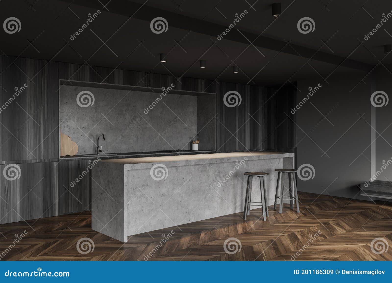 Dark Grey Kitchen Corner with Bar Stock Illustration - Illustration of ...