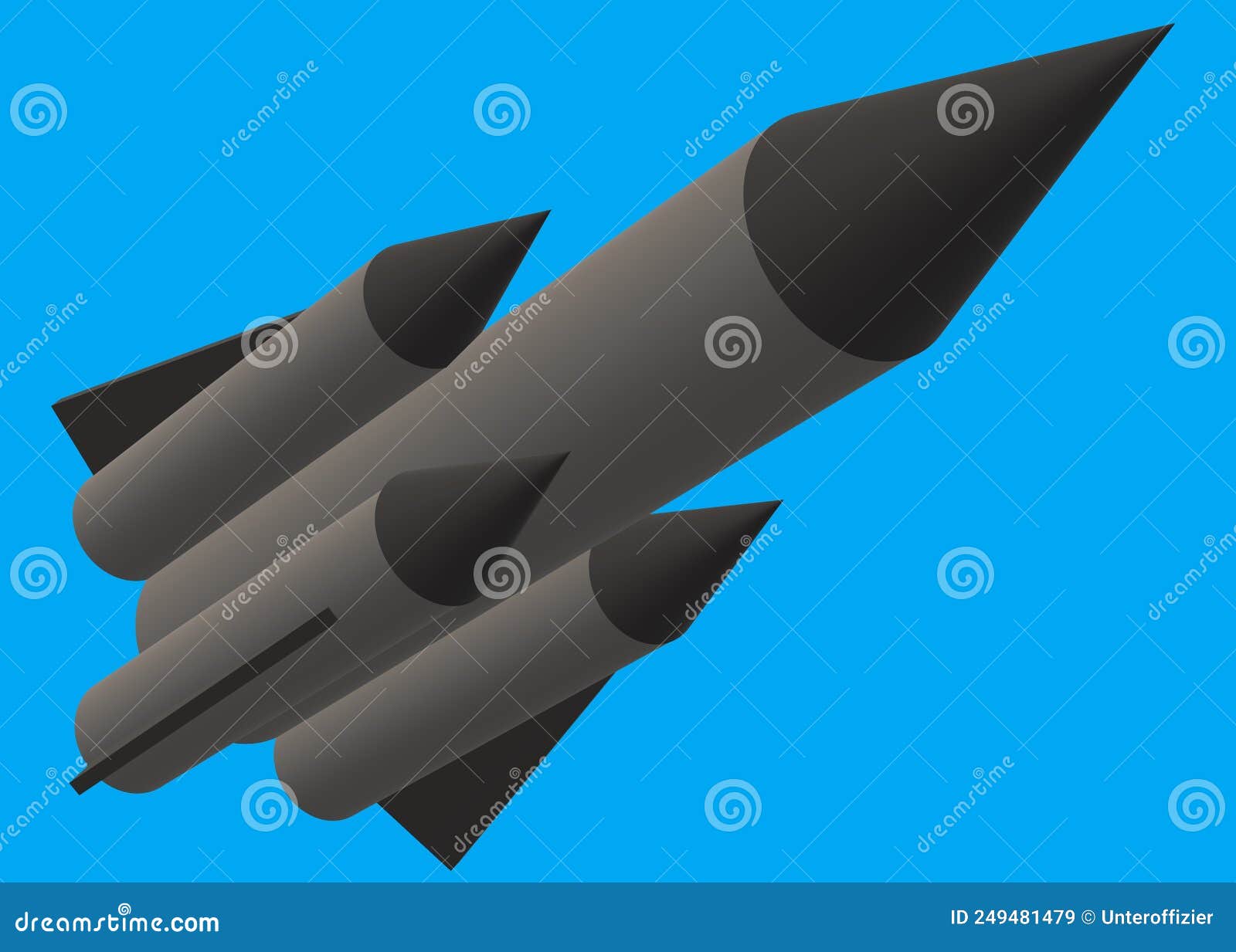 A Dark Grey Long Range Rocket Missile with Black Warhead Blue Backdrop ...