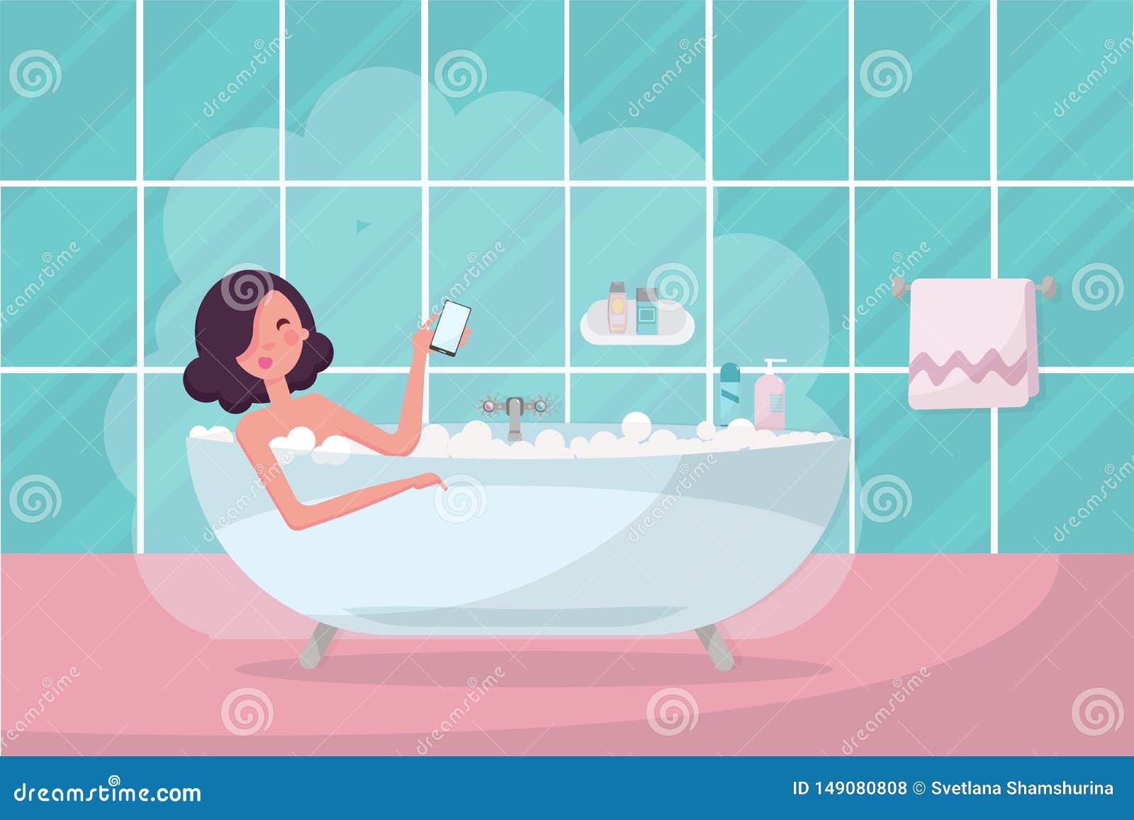 Dark Hair Girl In Bathtub With Smartphone In Her Hand Bathroom