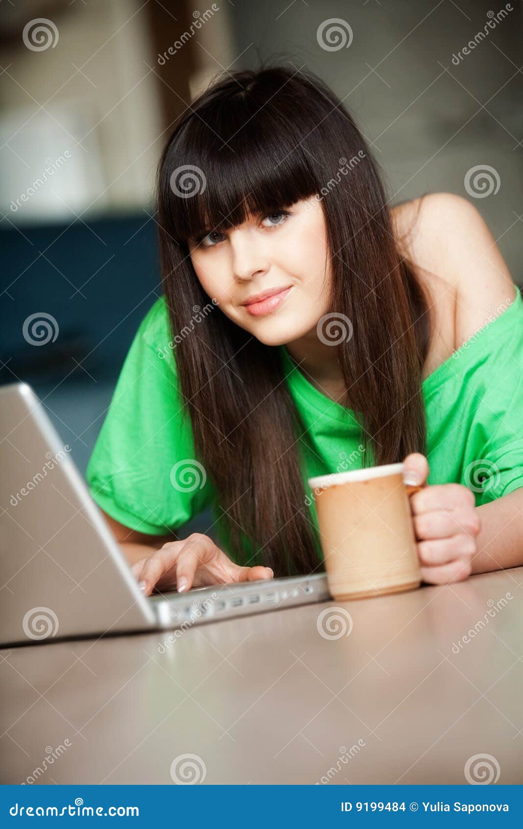 Dark-haired Gir with a Computer Stock Photo - Image of healthy, female ...
