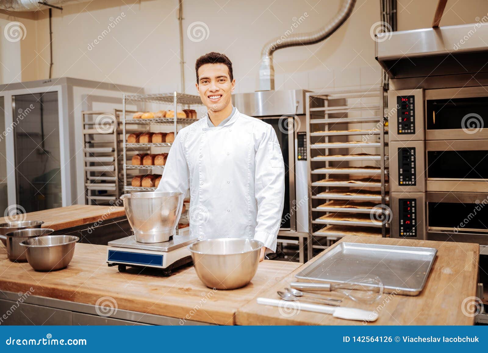 Baker Working With Flour And Sieve, Kneading Dough. Man Muscular Baker ...