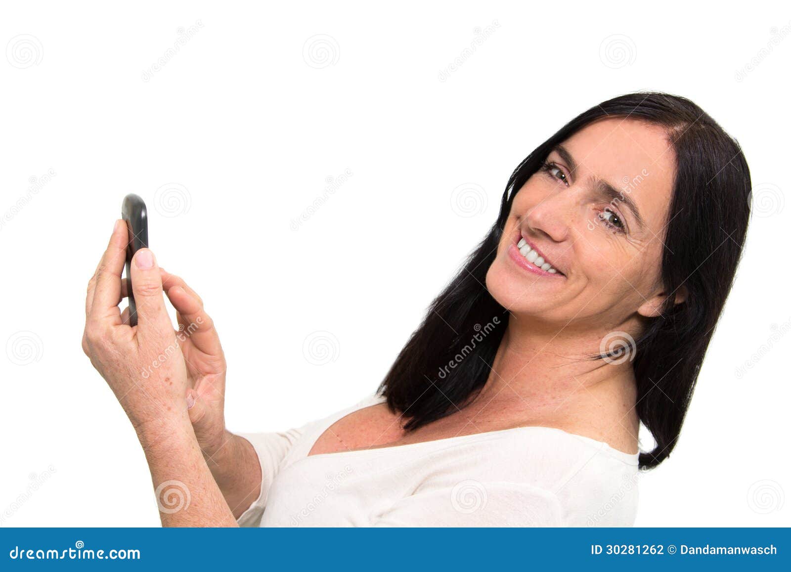 Dark Haired Woman Using a Smartphone Stock Photo - Image of human ...