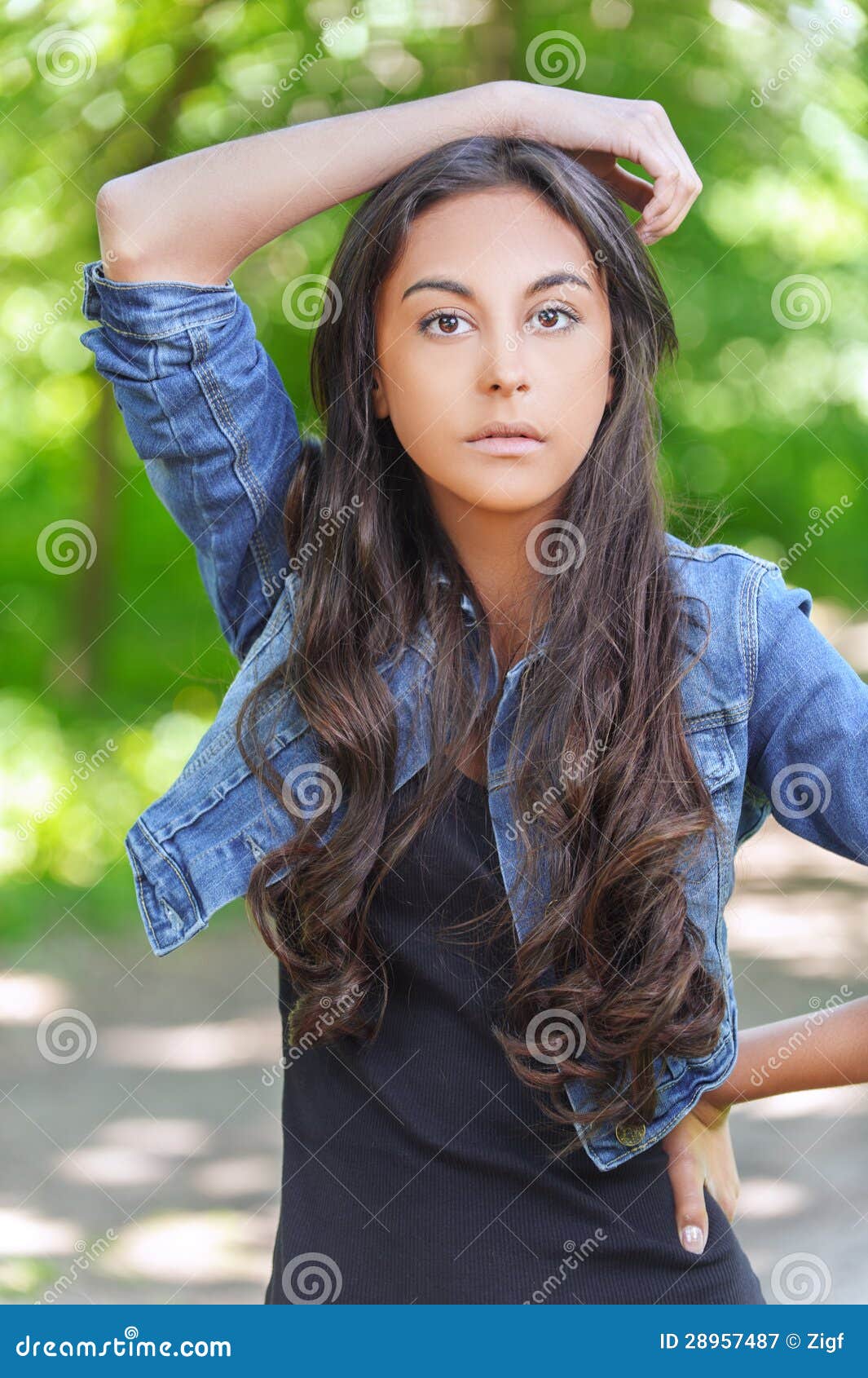 Dark-haired Young Woman in Denim Stock Image - Image of adult, park ...