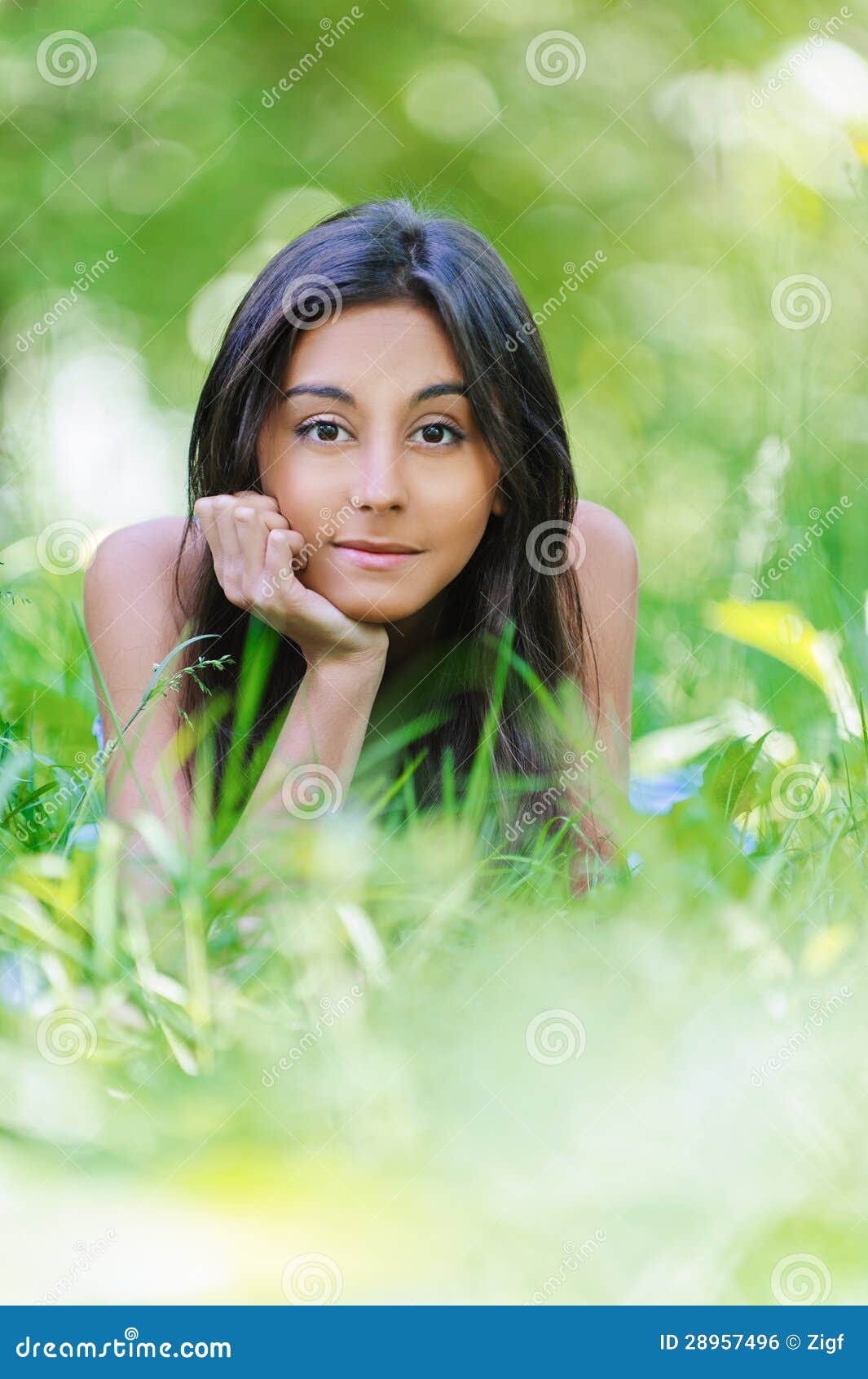 Dark-haired Young Woman Lying on Stock Photo - Image of girl ...