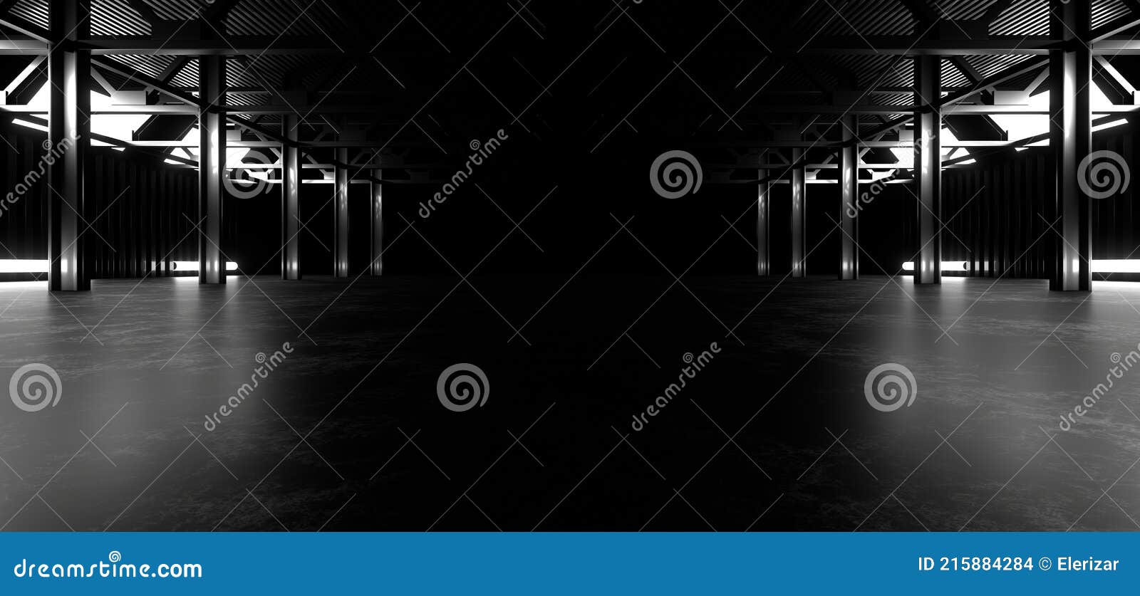 A Dark Hall Lit by White Neon Lights. Reflections on the Floor and ...