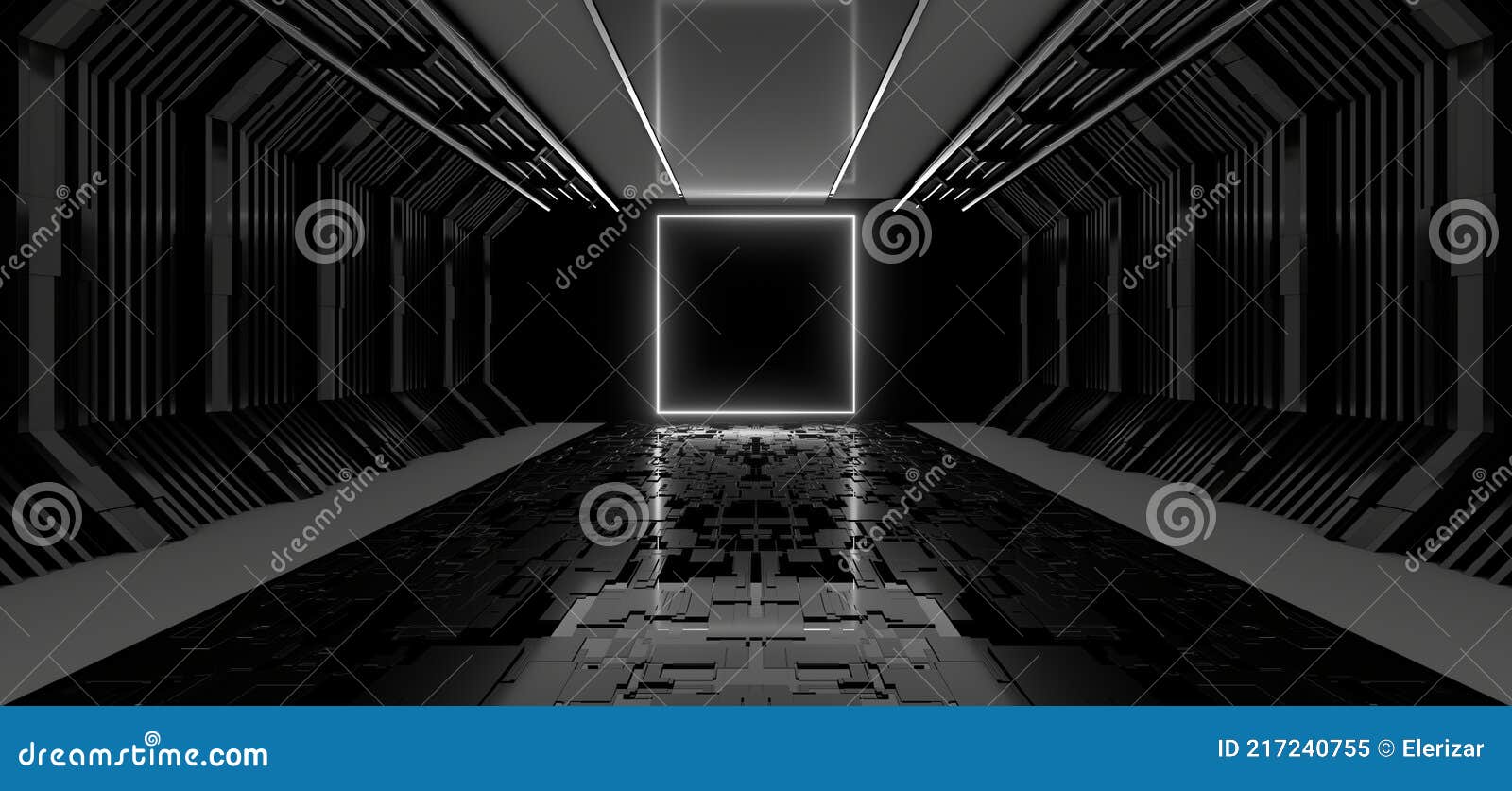 A Dark Hall Lit by White Neon Lights. Reflections on the Floor and ...