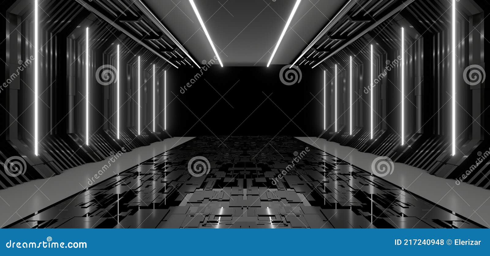 A Dark Hall Lit by White Neon Lights. Reflections on the Floor and ...