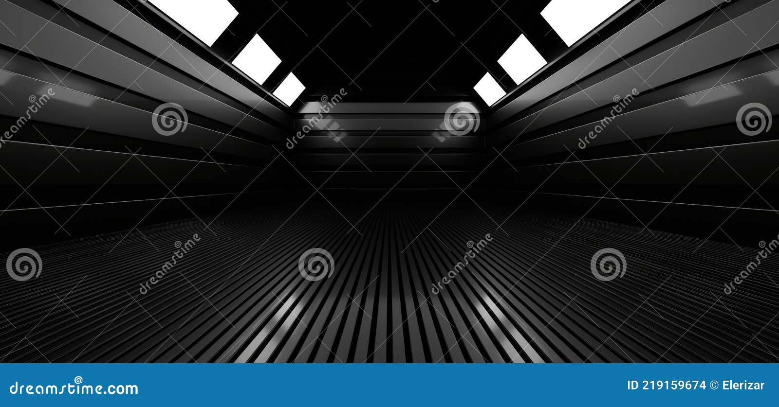 A Dark Hall Lit by White Neon Lights. Reflections on the Floor and ...