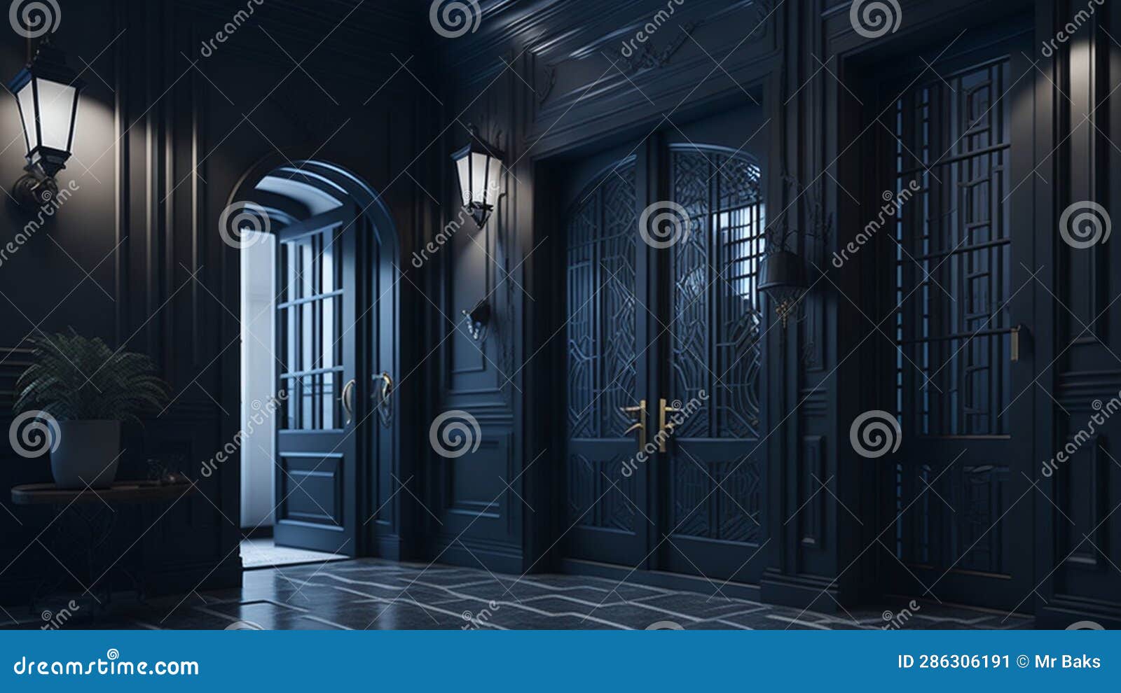 A Dark Hallway with Doors and Lights. Stock Illustration - Illustration ...