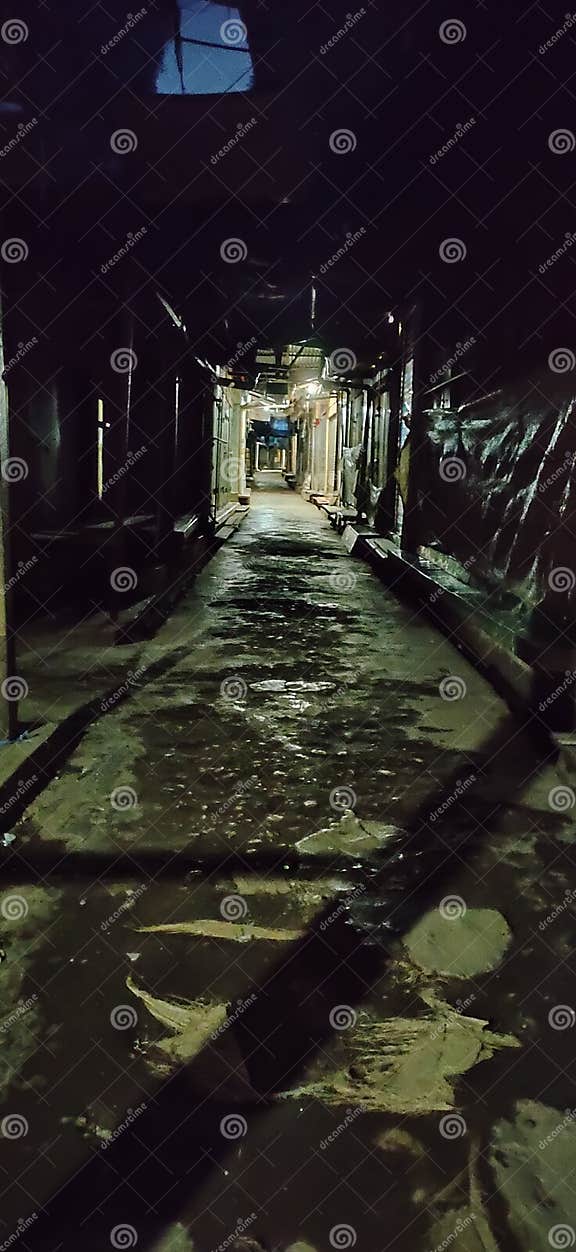 Dark hallway at night stock photo. Image of lighting - 200357628