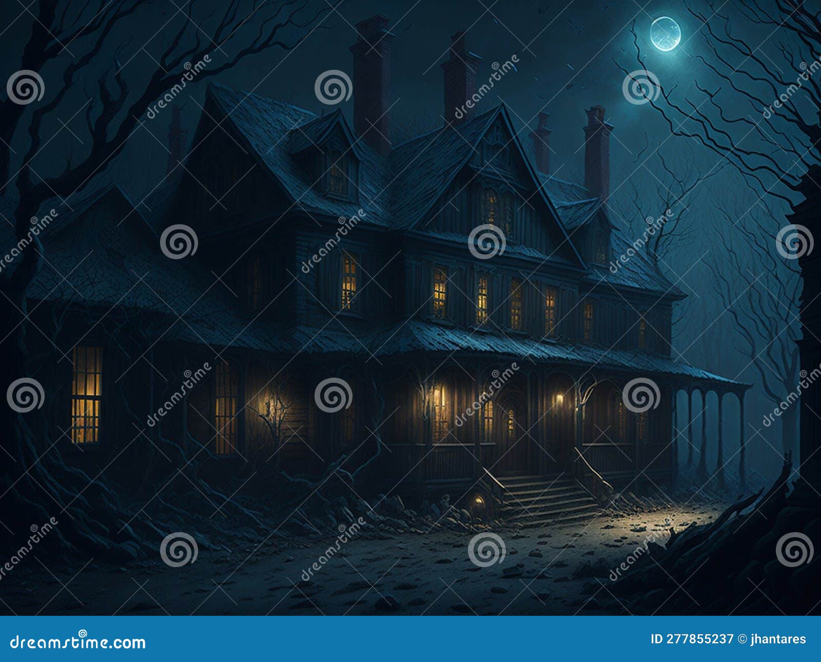 Dark Haunted Building by Night Stock Illustration - Illustration of ...