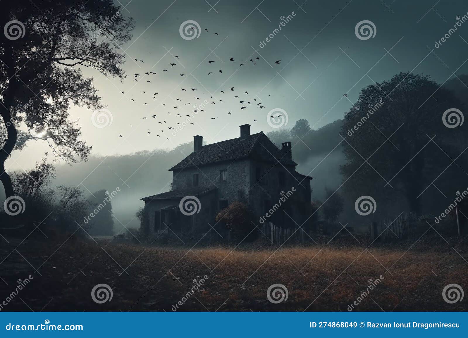 Dark Haunted House Under the Full Moon with Bats and Scary Atmosphere ...