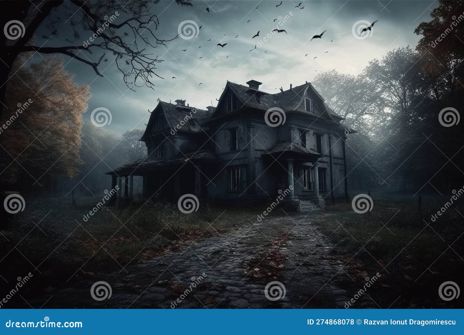 Dark Haunted House Under the Full Moon with Bats and Scary Atmosphere ...