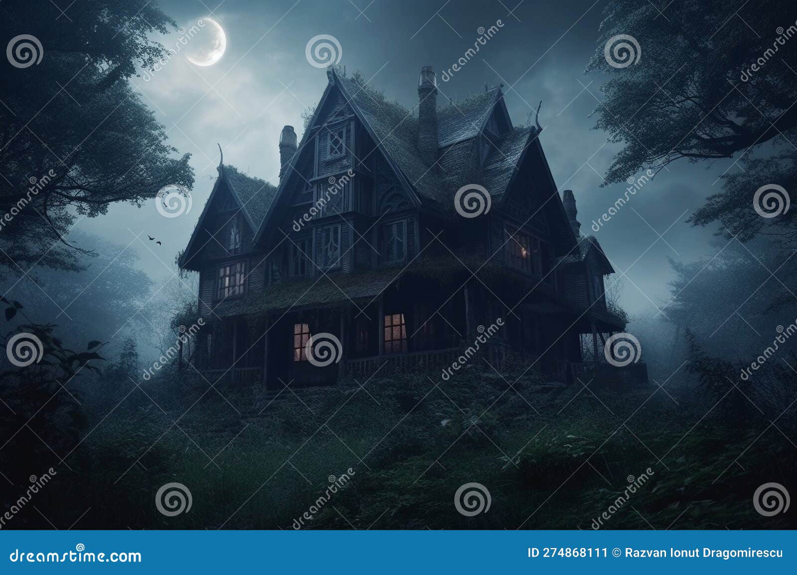 Dark Haunted House Under the Full Moon with Bats and Scary Atmosphere ...
