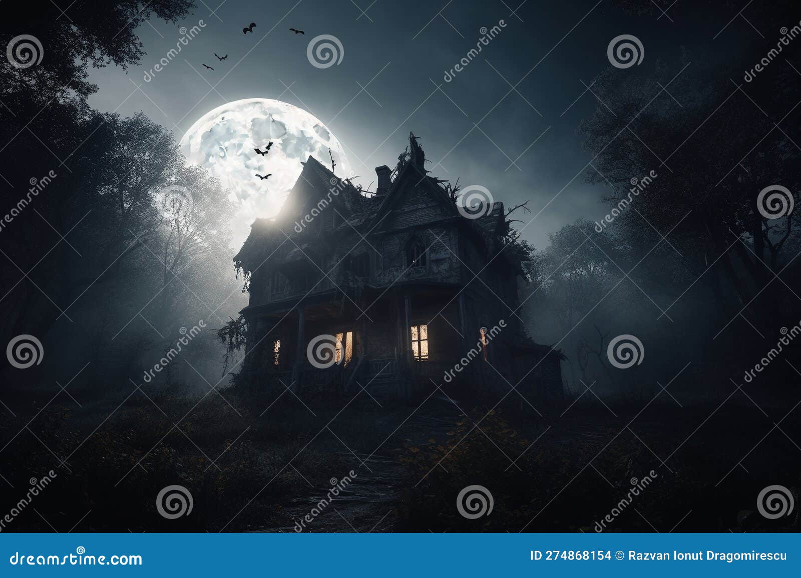 Dark Haunted House Under the Full Moon with Bats and Scary Atmosphere ...