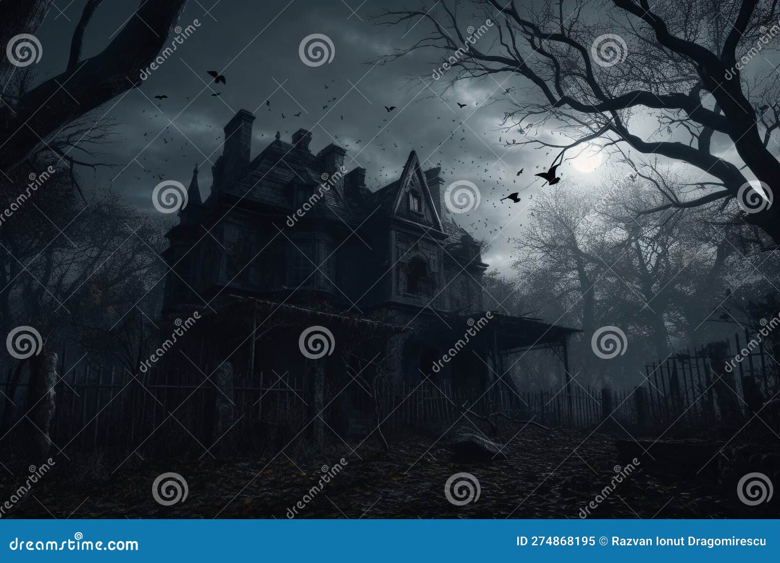 Dark Haunted House Under the Full Moon with Bats and Scary Atmosphere ...