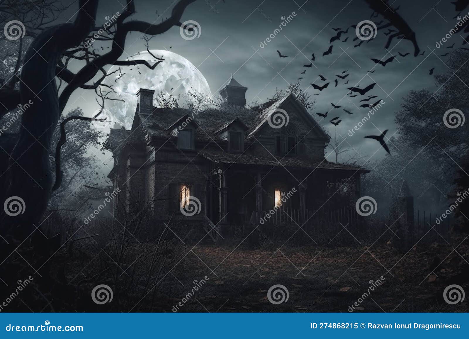 Dark Haunted House Under the Full Moon with Bats and Scary Atmosphere ...