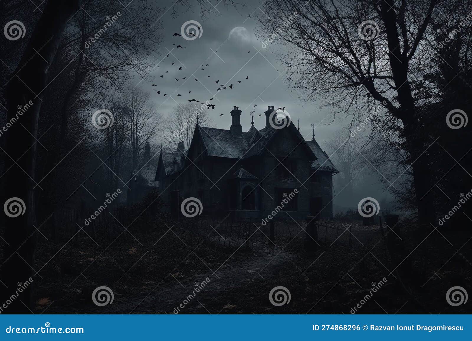 Dark Haunted House Under the Full Moon with Bats and Scary Atmosphere ...
