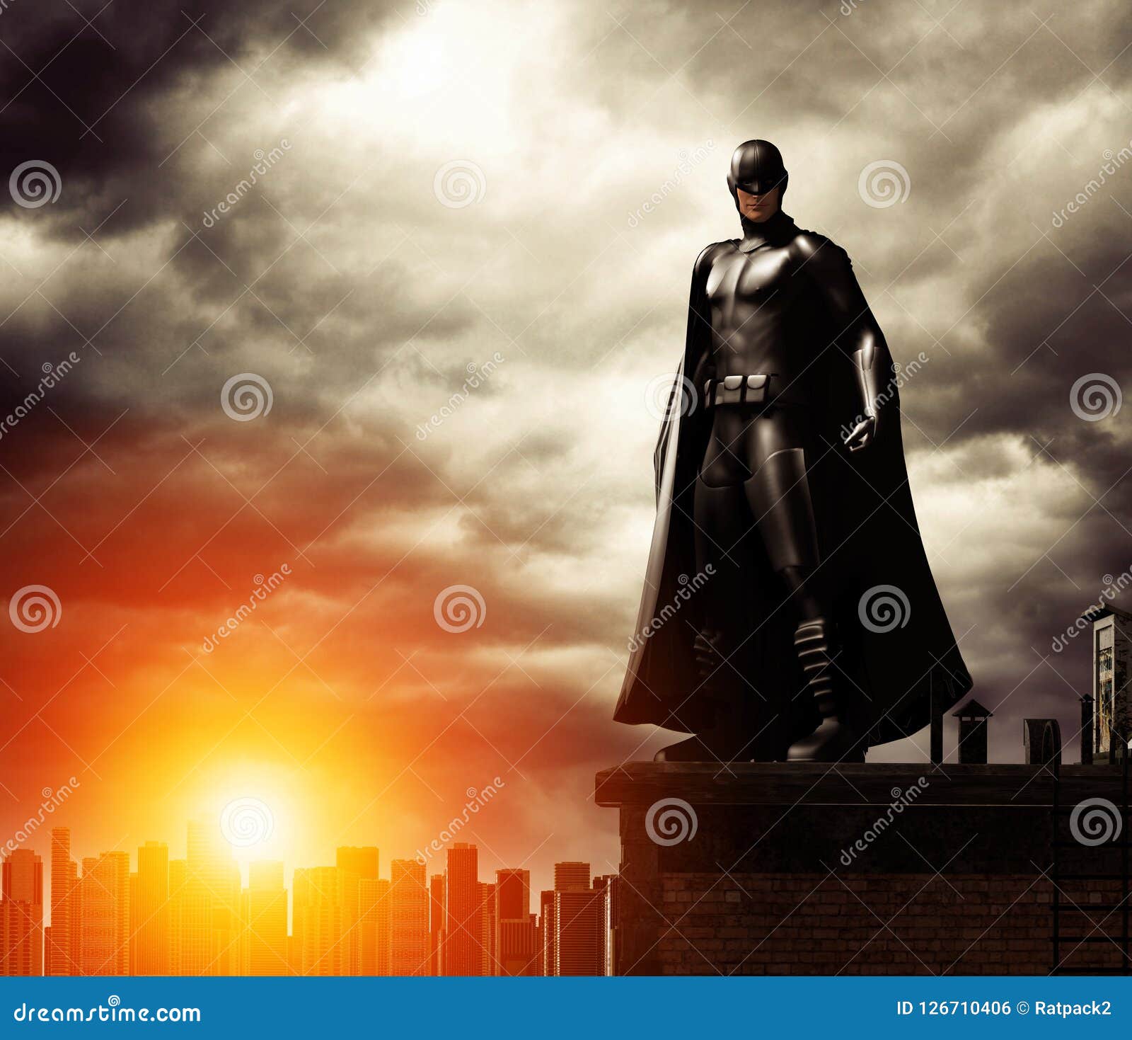 Dark Superhero on Rooftop Overlooking Cityscape Stock Illustration ...