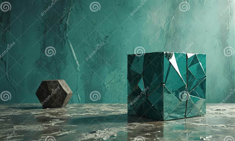Dark Hexagonal Object and Green Rectangular Object with Reflective ...