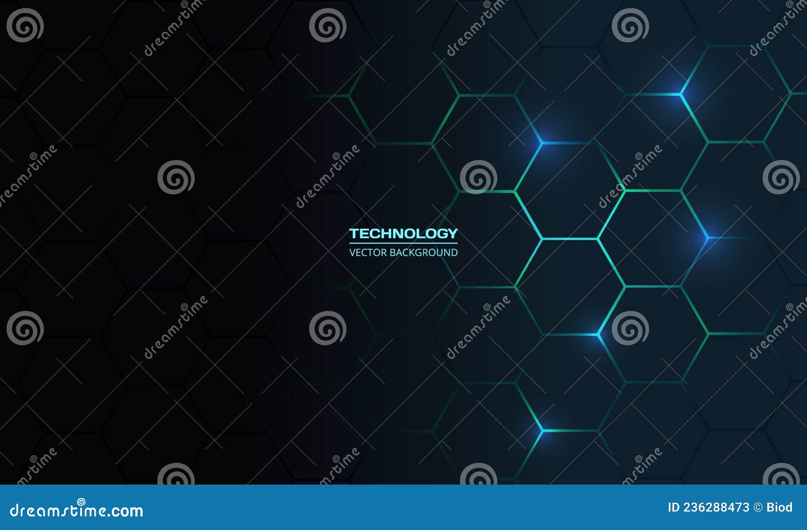 Dark Hexagonal Technology Abstract Background. Blue and Green Colored Bright Flashes Under ...
