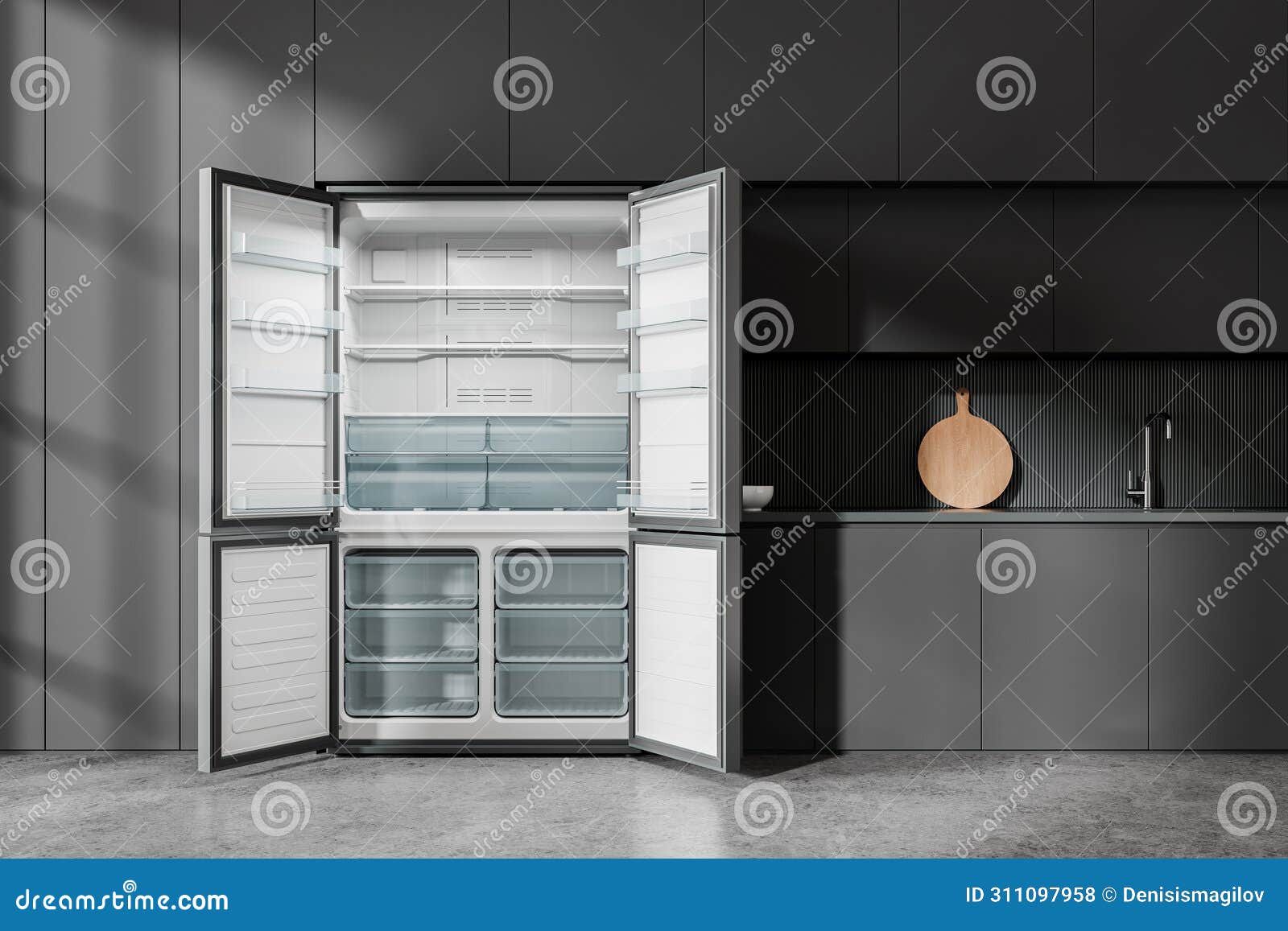 Dark Home Kitchen Interior With Cooking Cabinet And Empty Opened Fridge ...