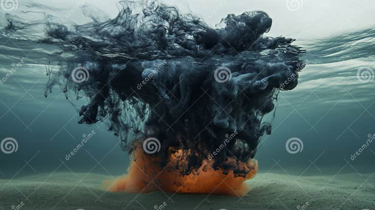 Dark Ink Cloud Exploding Underwater on Sandy Seabed Stock Illustration ...