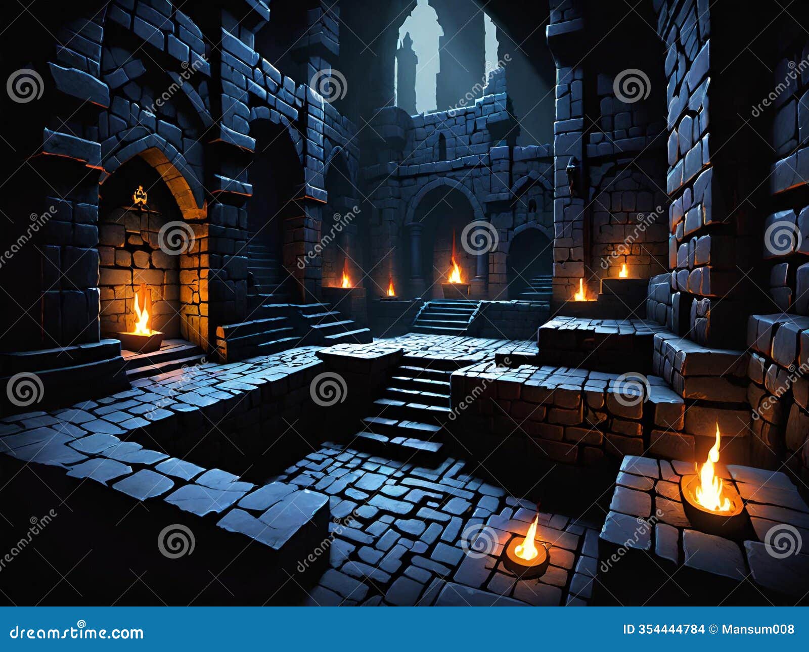 Dark Interior of a Dark Castle with a Burning Fire Stock Illustration ...