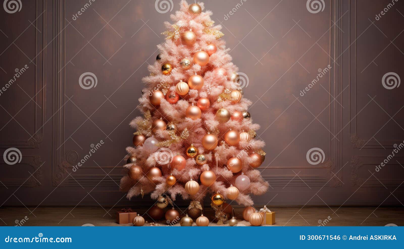 Dark Interior and a Decorated Peach Fuzz Colored Christmas Tree on the ...