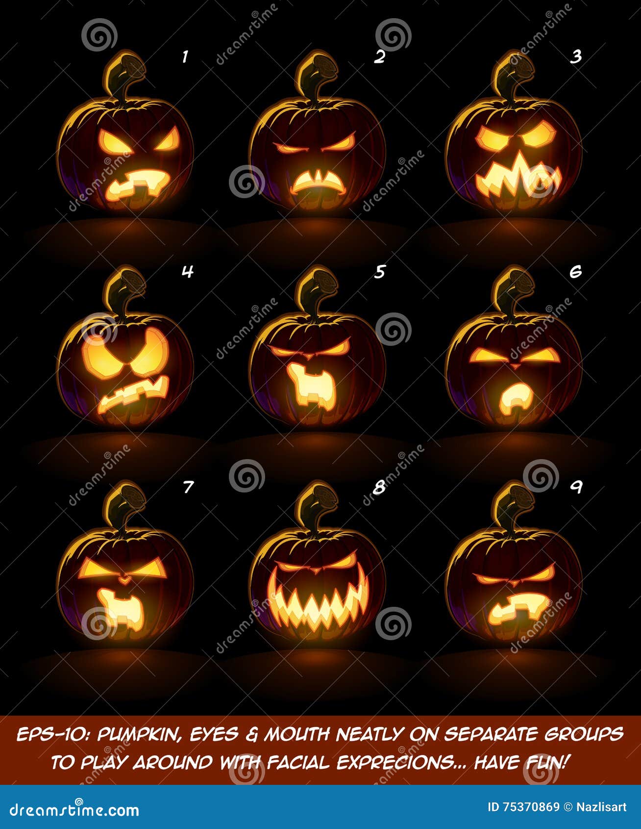 Dark Jack O Lantern Cartoon - 9 Angry Expressions Set Stock Vector ...