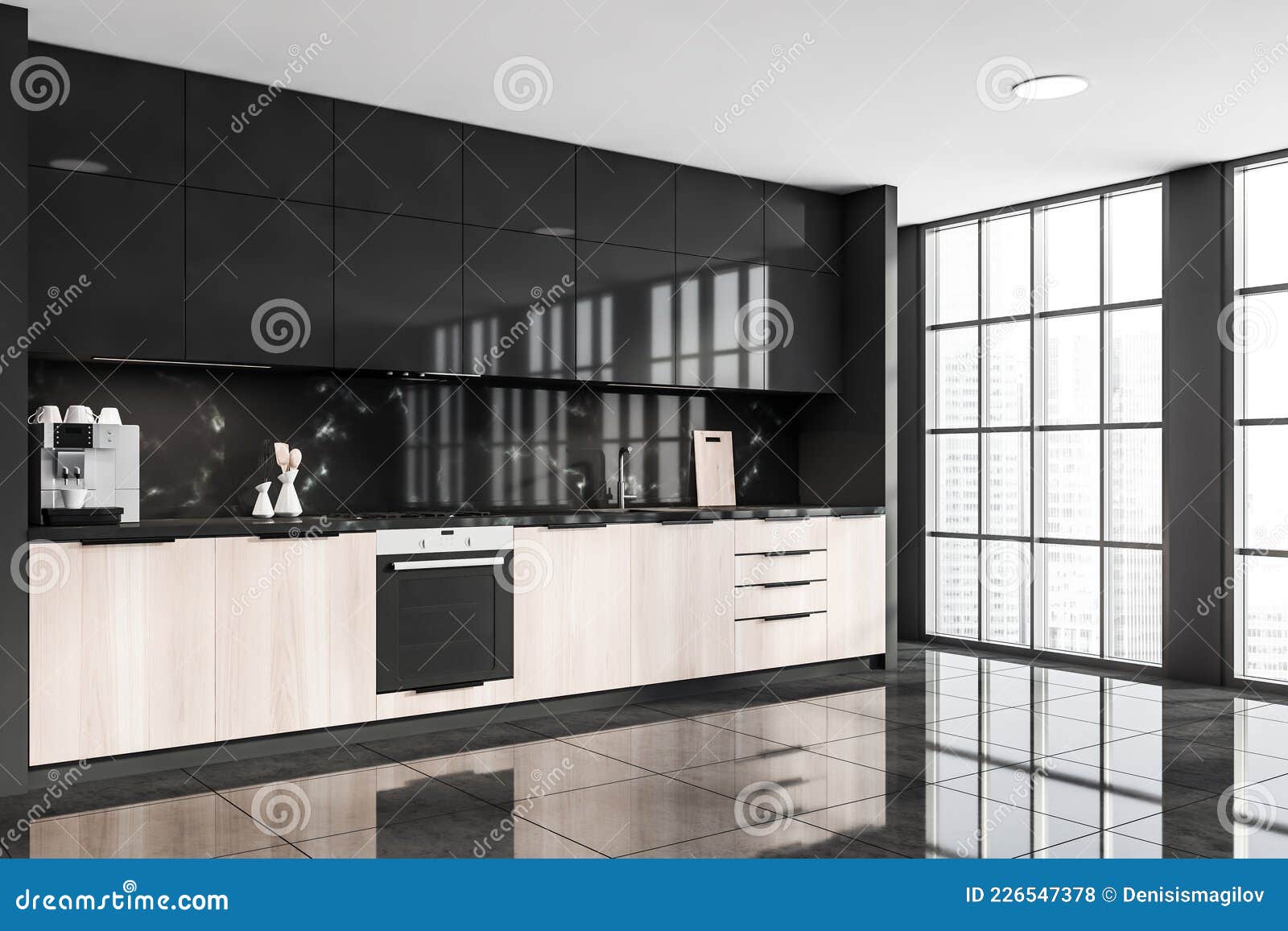 Dark Kitchen Room Interior with Large Panoramic Windows Stock ...
