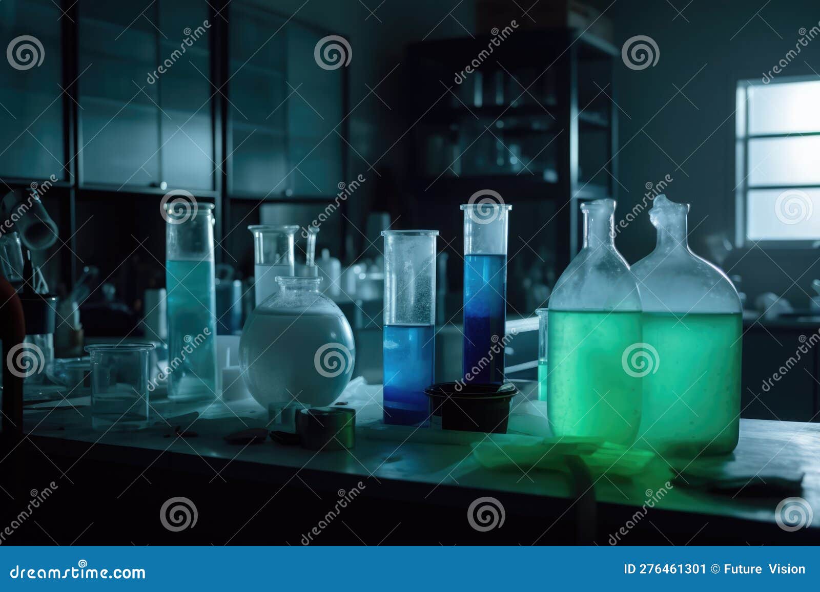 Dark Laboratory Room With Beakers With Colourful Fluids, Created Using ...
