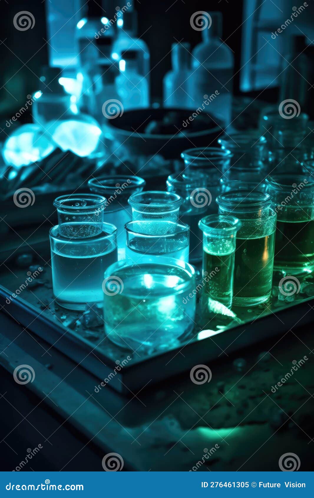 Dark Laboratory Room With Beakers With Colourful Fluids, Created Using ...