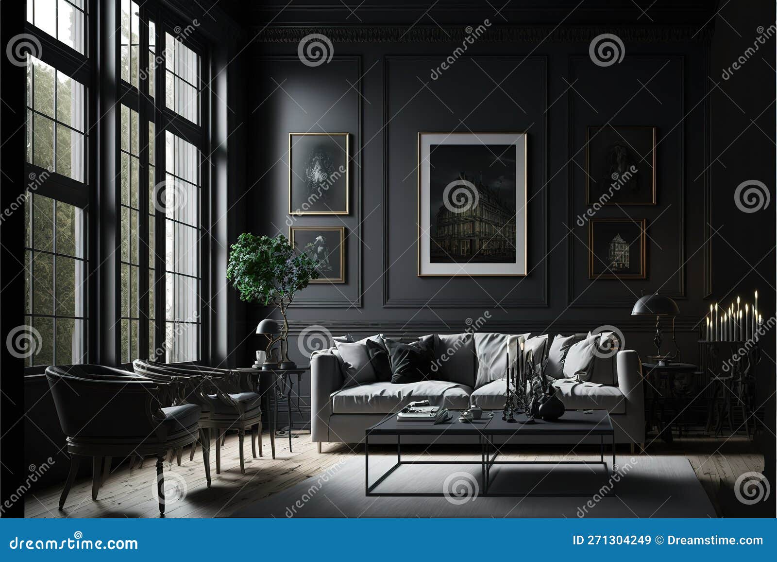 Dark Living Room Interior with Black Empty Wall Stock Illustration ...