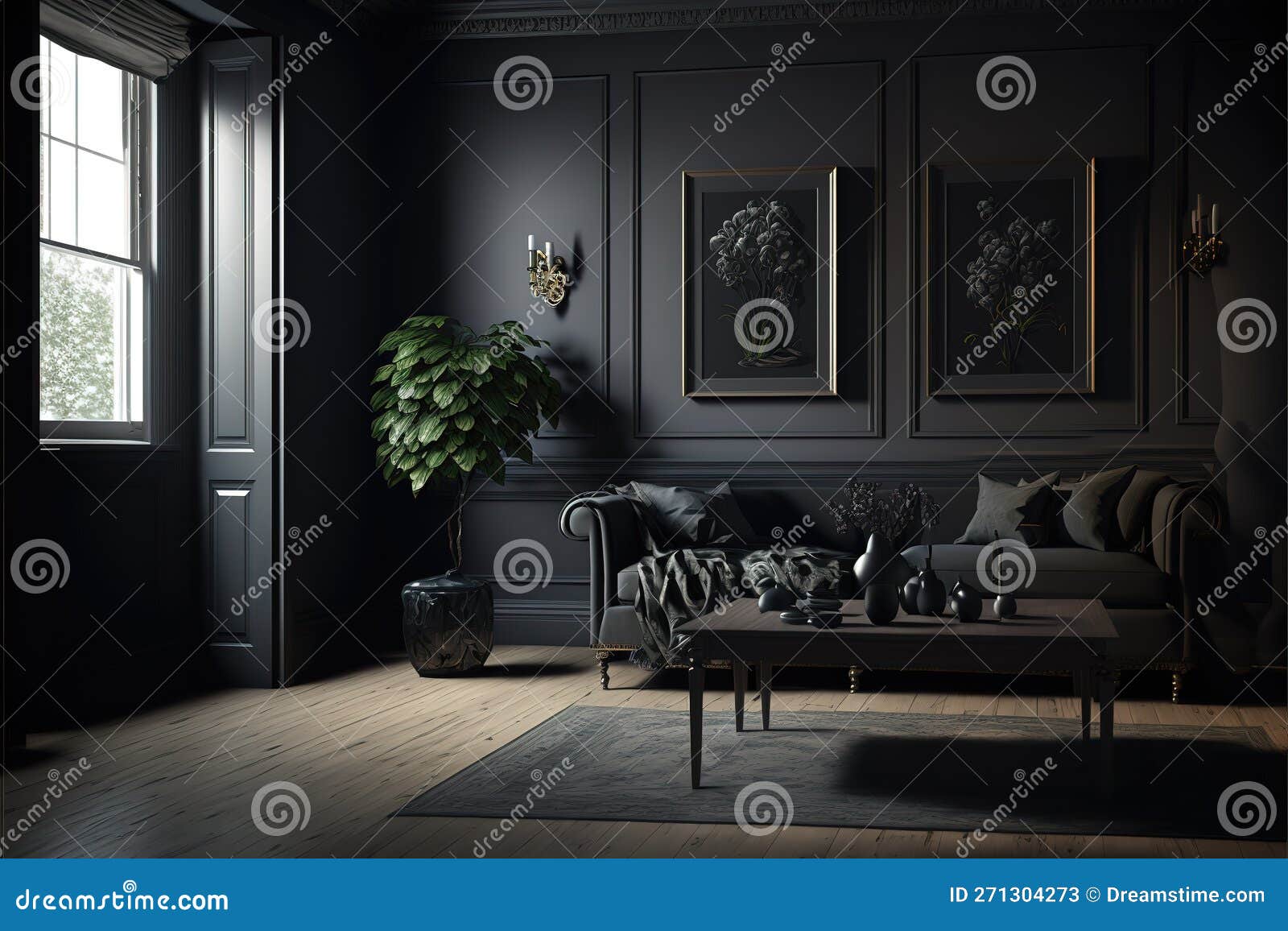 Dark Living Room Interior with Black Empty Wall Stock Illustration ...