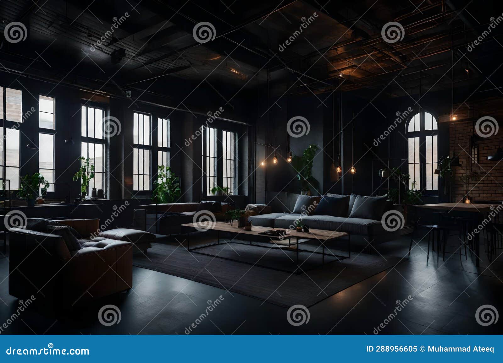 Dark Loft Style Interior Of Big Cozy Country House. Open Plan Apartment ...