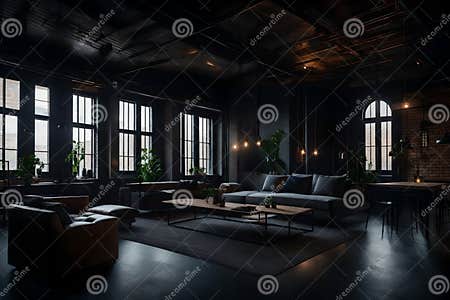 Dark Loft Interior, Modern Space with Sofa and Light Generated Ai Stock ...