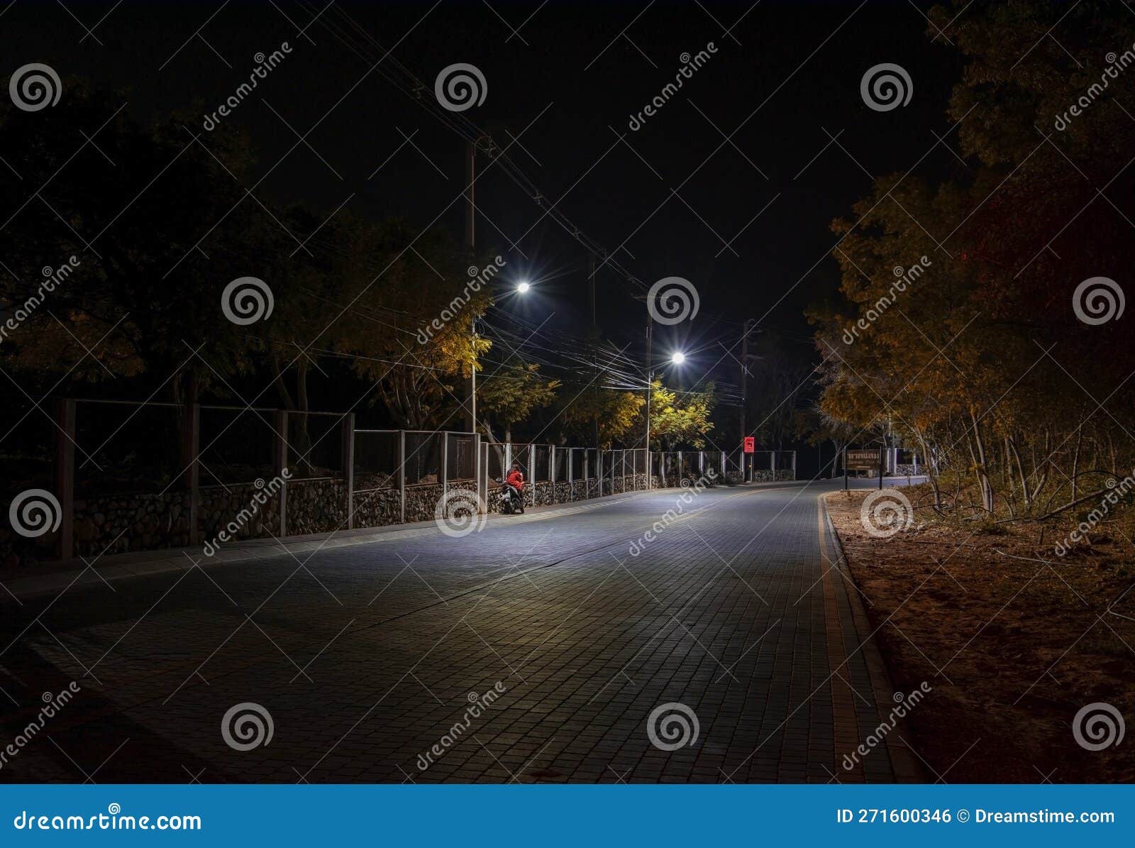 Dark and long lonely road stock photo. Image of trees - 271600346