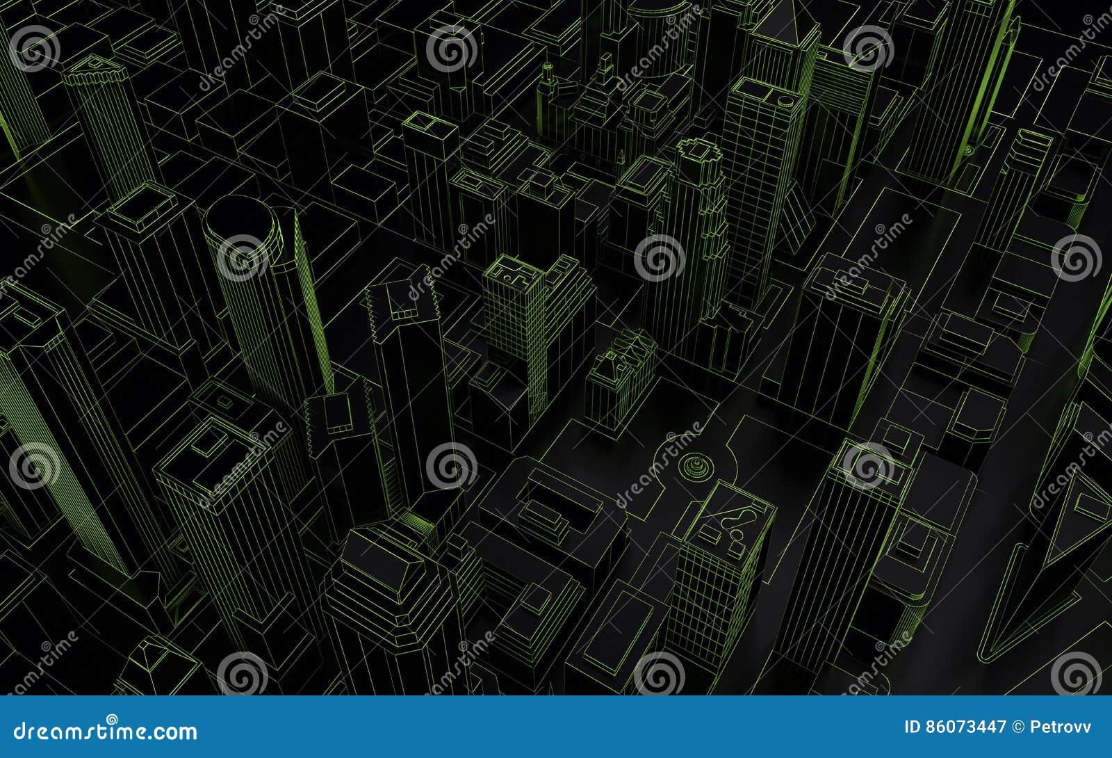 Dark Low Poly City Green Mesh 3d Rendering Stock Illustration ...
