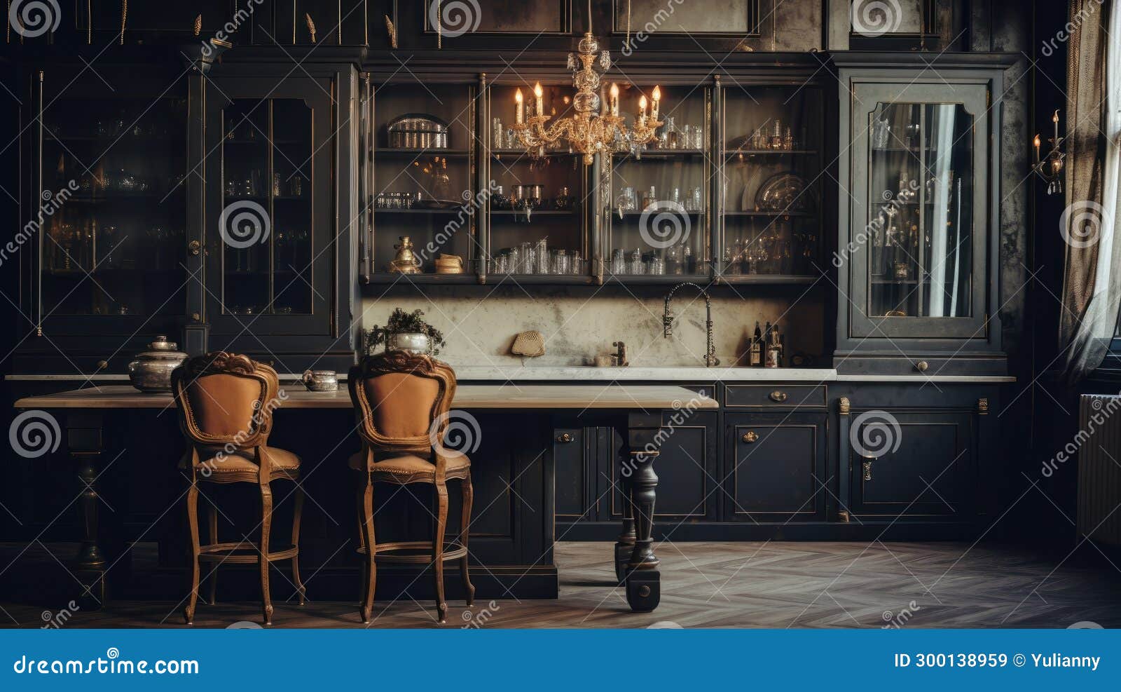 Dark Luxury Vintage Style Kitchen Interior Stock Image - Image of food ...