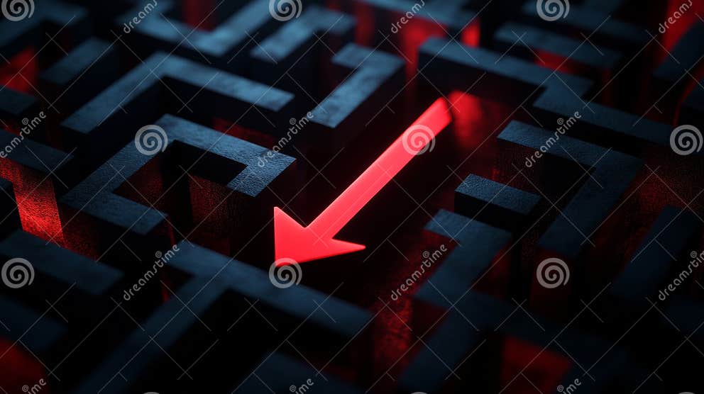 Dark Maze with Glowing Red Arrow, Abstract Pathfinding Concept Stock ...