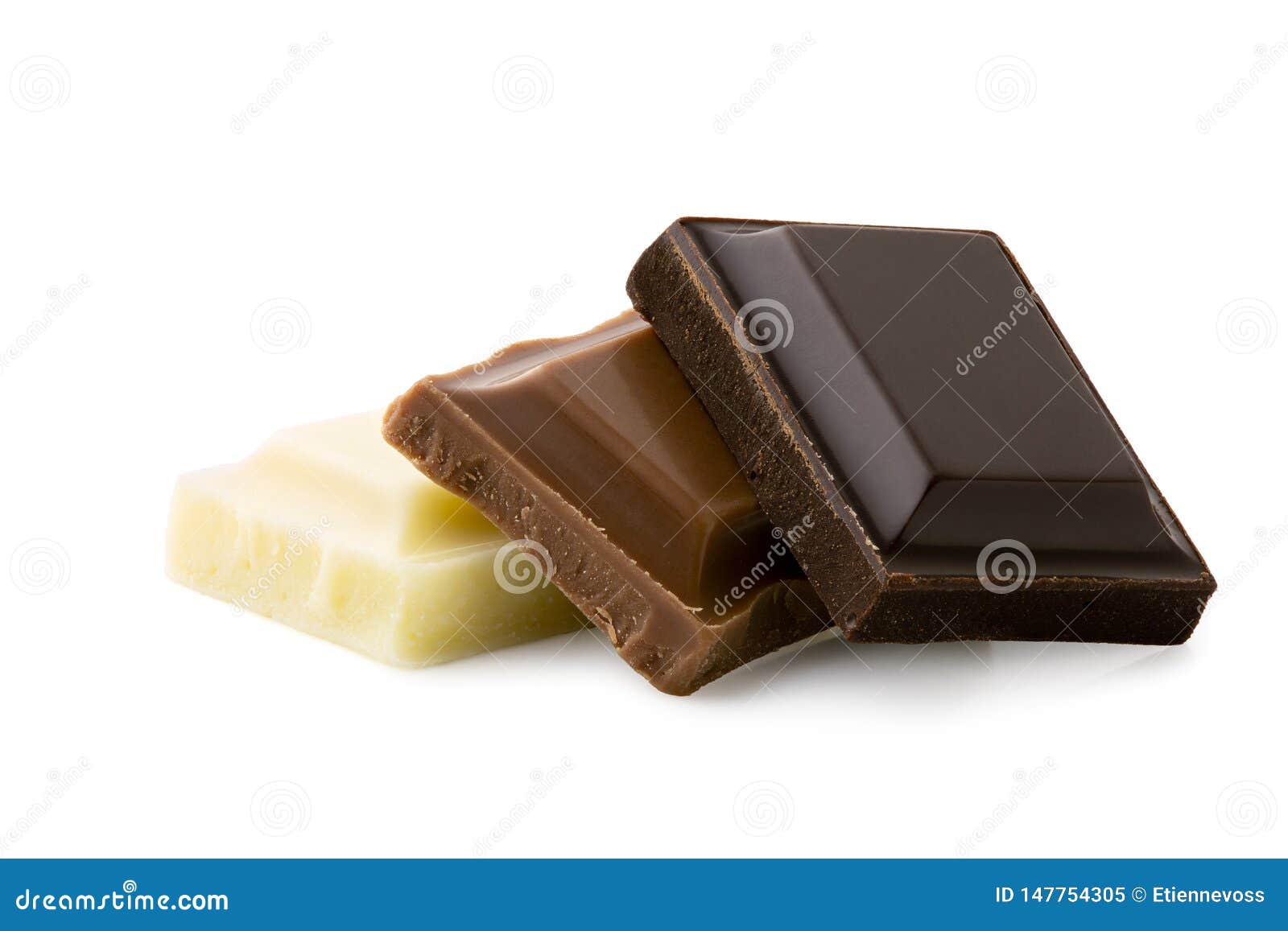 Dark, Milk and White Chocolate Squares Isolated on White. Rough Edges ...