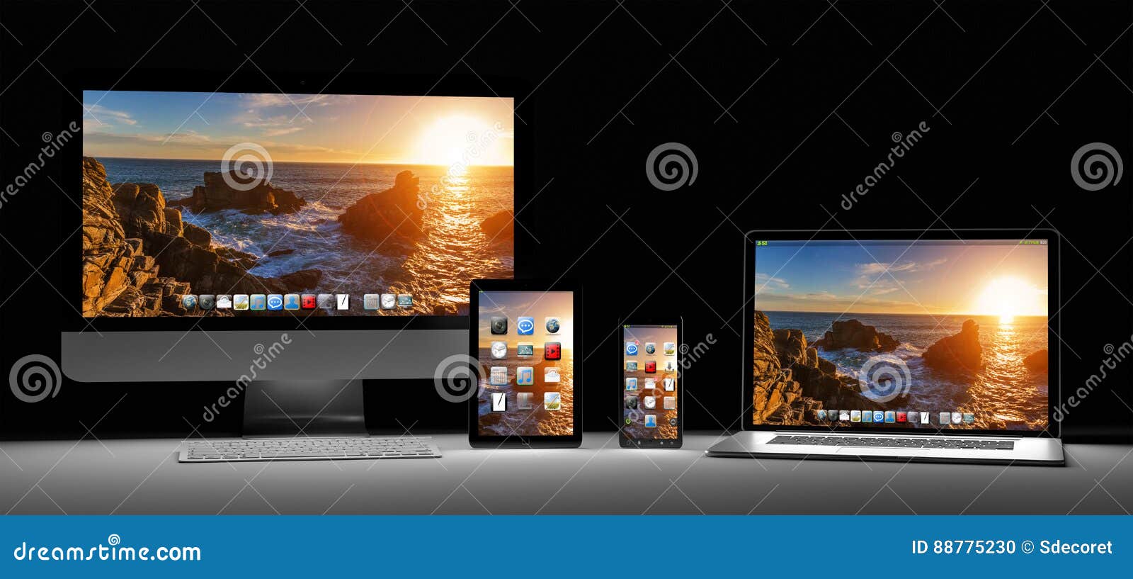 Dark Modern Computer Laptop Mobile Phone and Tablet 3D Rendering Stock ...