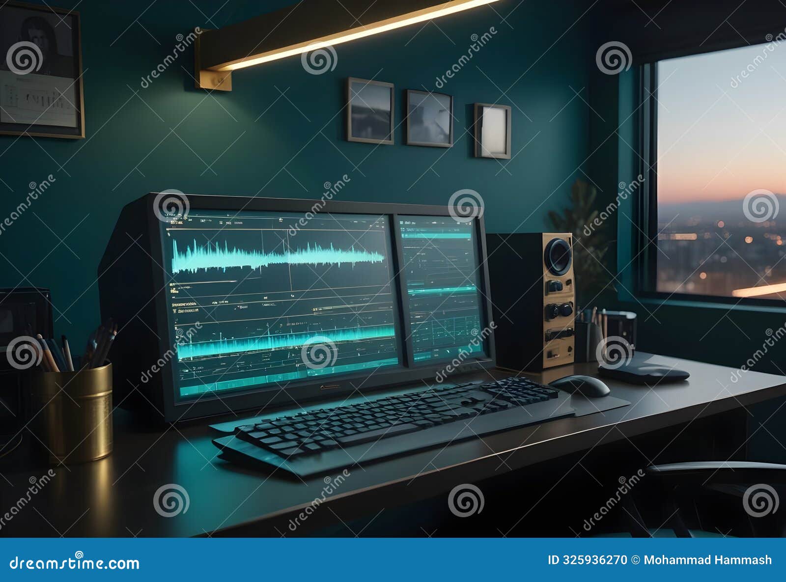 A Dark, Modern Office with Teal Walls Featuring a Computer with Dual ...