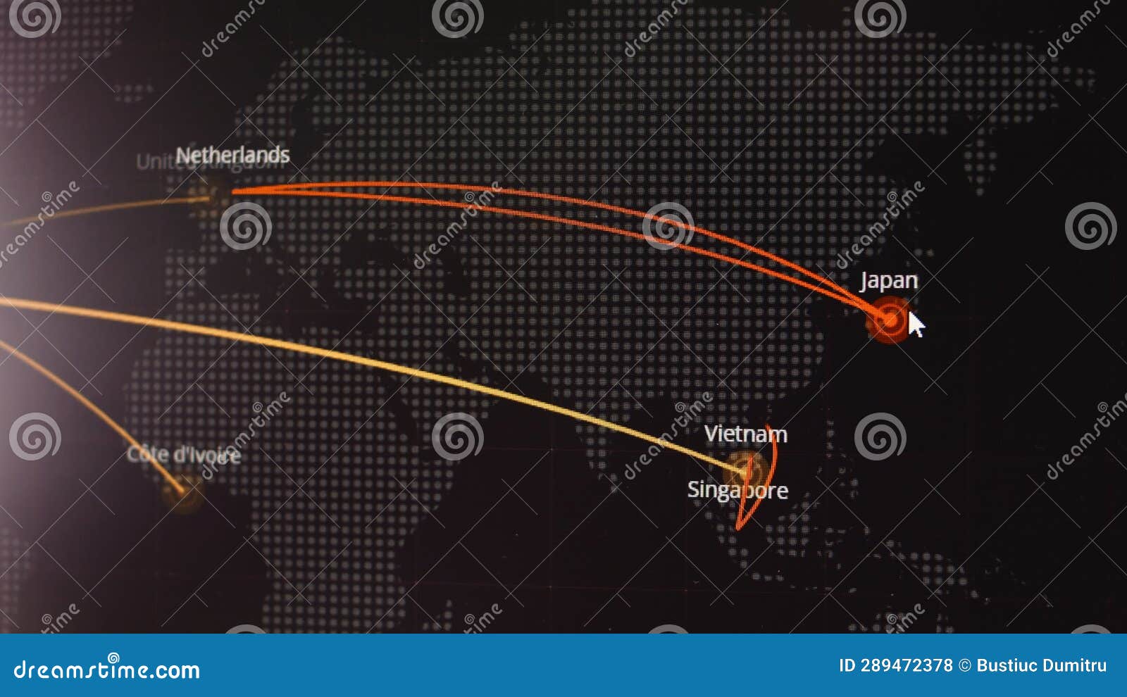 Dark Monitoring Software Mockup With World Map Updating In Real Time And Graphs And Charts With