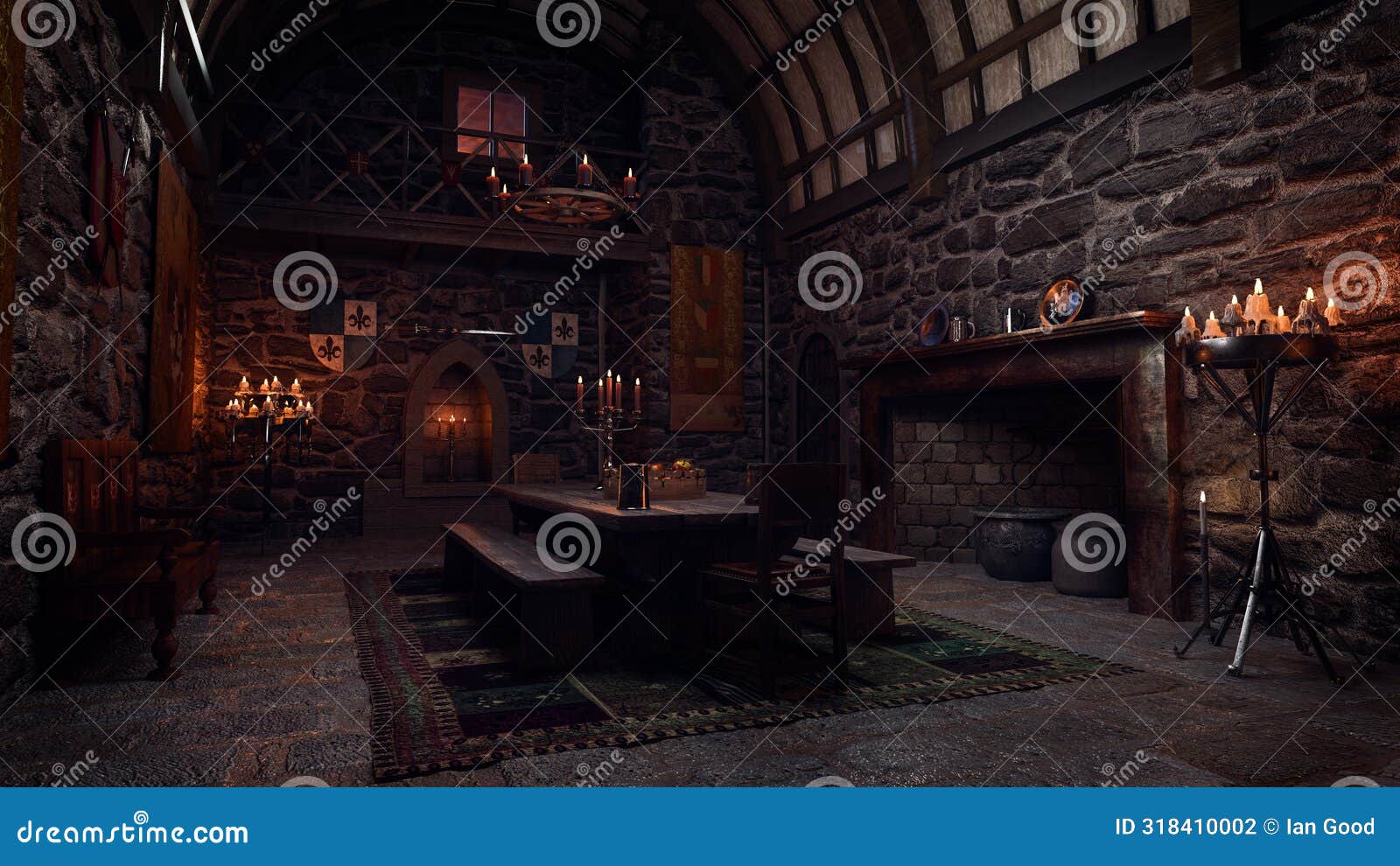 Dark Moody Dining Room in an Old Medieval Castle. 3D Render Stock ...