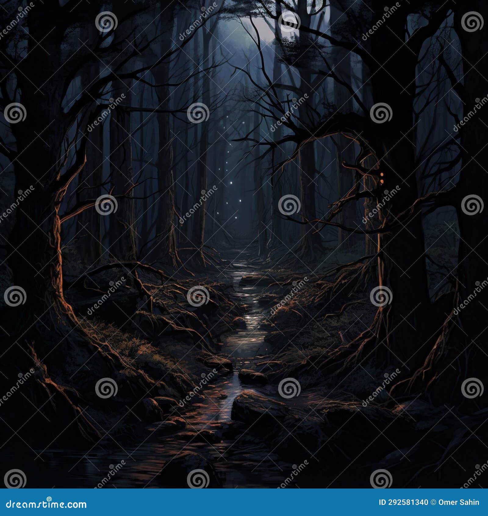 Dark and Mysterious Forest at Dusk with Interweaving Shadows Stock ...