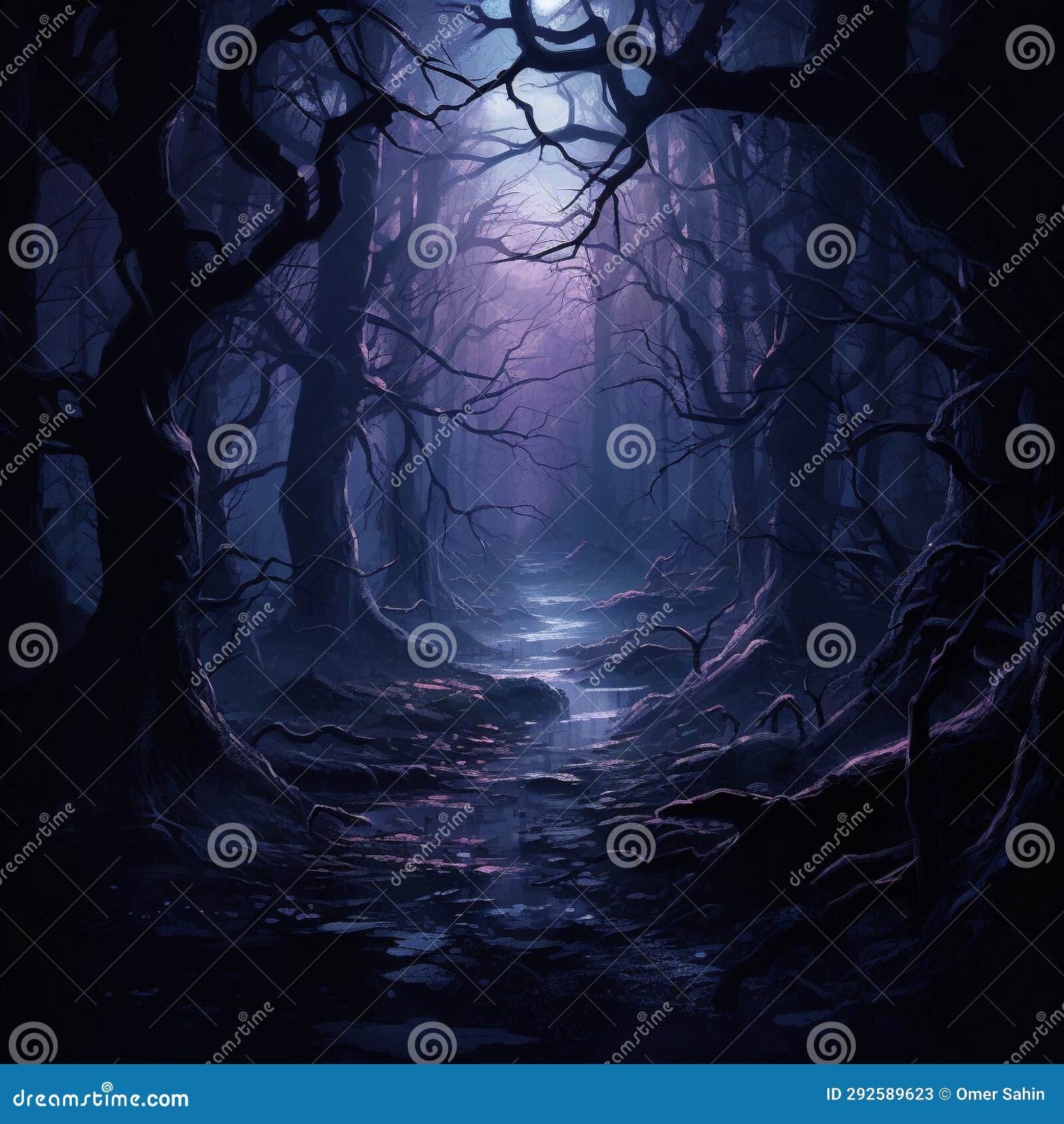 Dark and Mysterious Forest at Dusk with Interweaving Shadows Stock ...