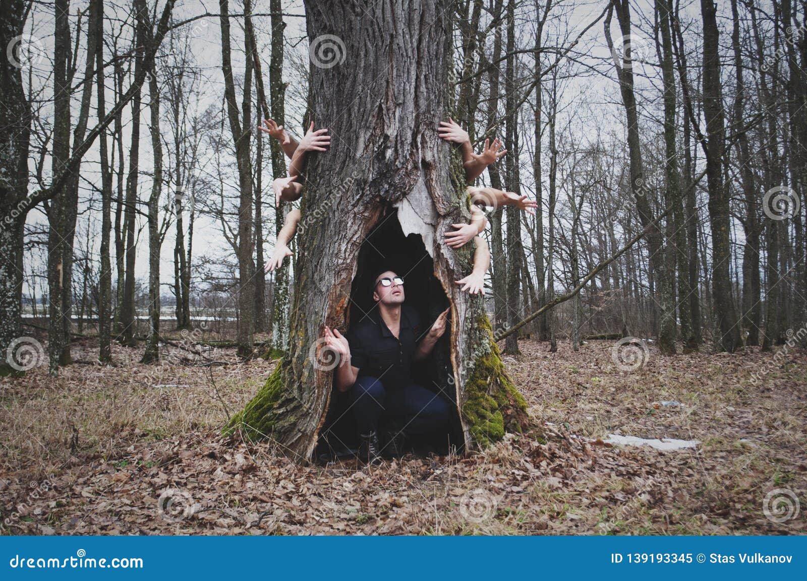 The Dark and Mysterious Forest, a Scared Person Hiding Under a Tree ... The Dark and Mysterious Forest, a Scared Person Hiding Under a Tree ...
