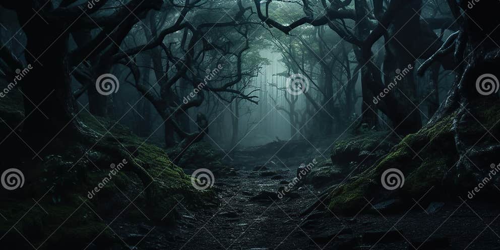 Dark and Mysterious Forest with Towering Trees, a Misty Atmosphere, and ...